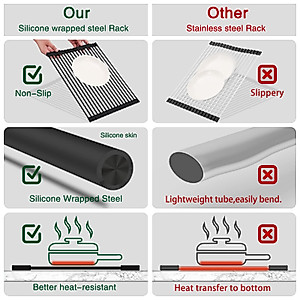 HANZENMA Roll Up Dish Drying Rack Over The Sink Kitchen Roll Up Sink Drying Rack Multipurpose Foldable Sink Drying Mat, Heat-Resistant, Anti-Slip & Anti-Rust Dish Rack for Kitchen, 17" x 13", Black