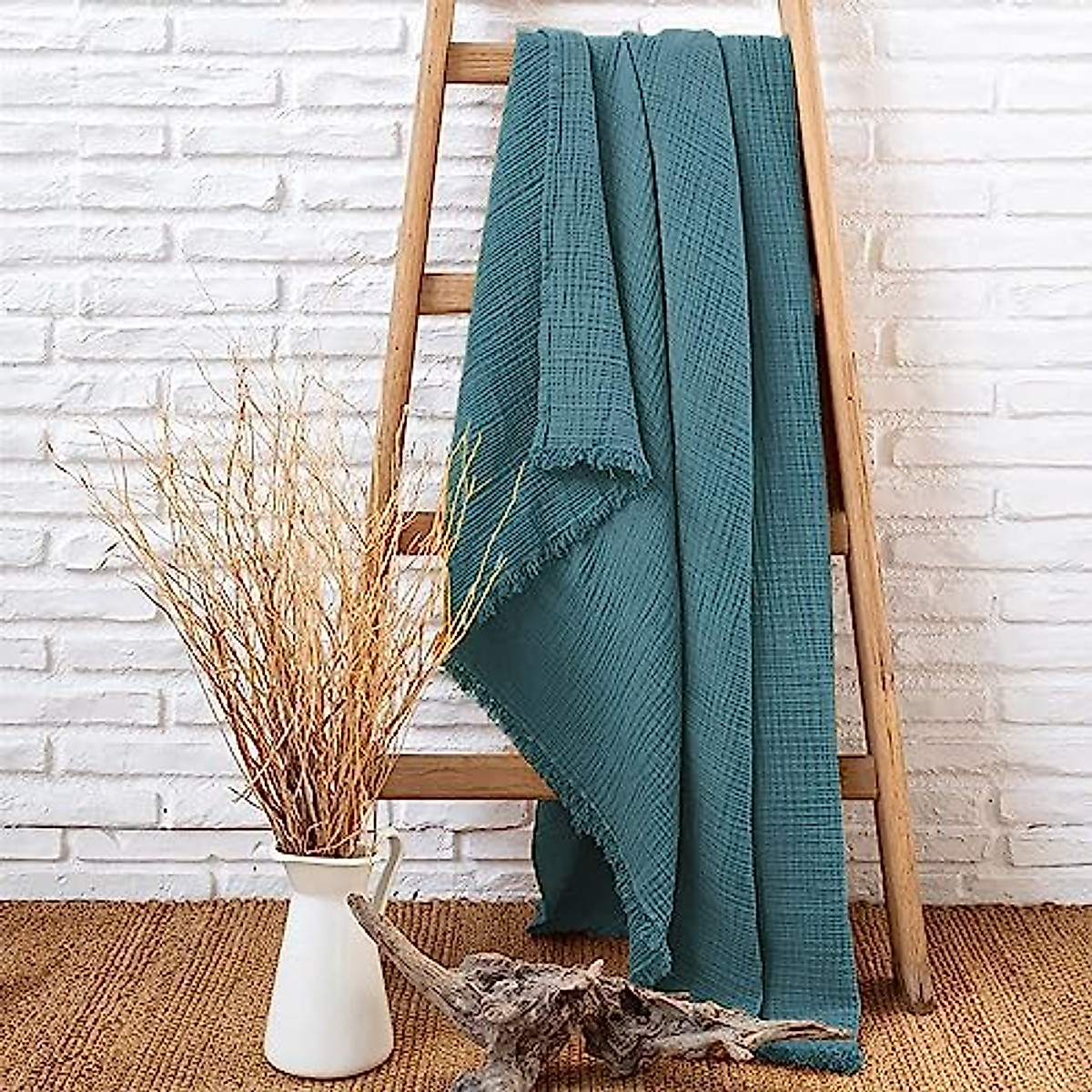 Muslin Throw Blanket, 4-Layer Soft & Breathable Gauze Summer Throw Blanket for Bed, Couch, 50"X60" Lightweight Teal Throw Blanket with Tassels, All Season