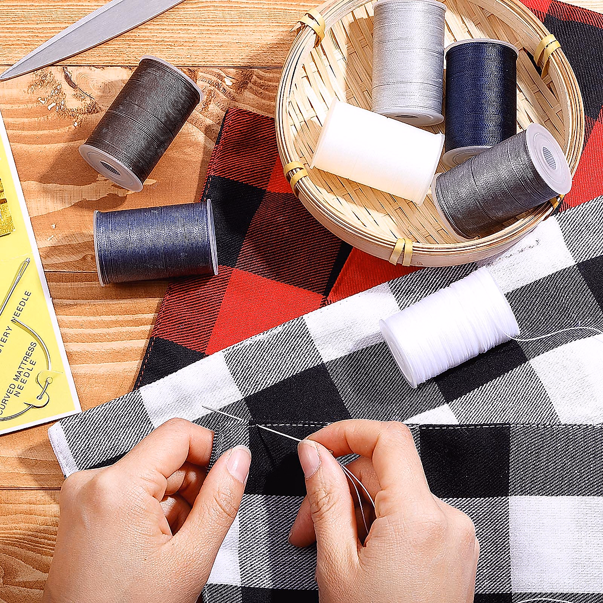 6 Rolls Strong Upholstery Thread High Strength Sewing Waxed Thread with Hand Stitching Needle Set for Denim Leather Craft DIY Machine (White, Gray, Brown, Light Gray, Blue, Dark Blue, 0.55 mm)