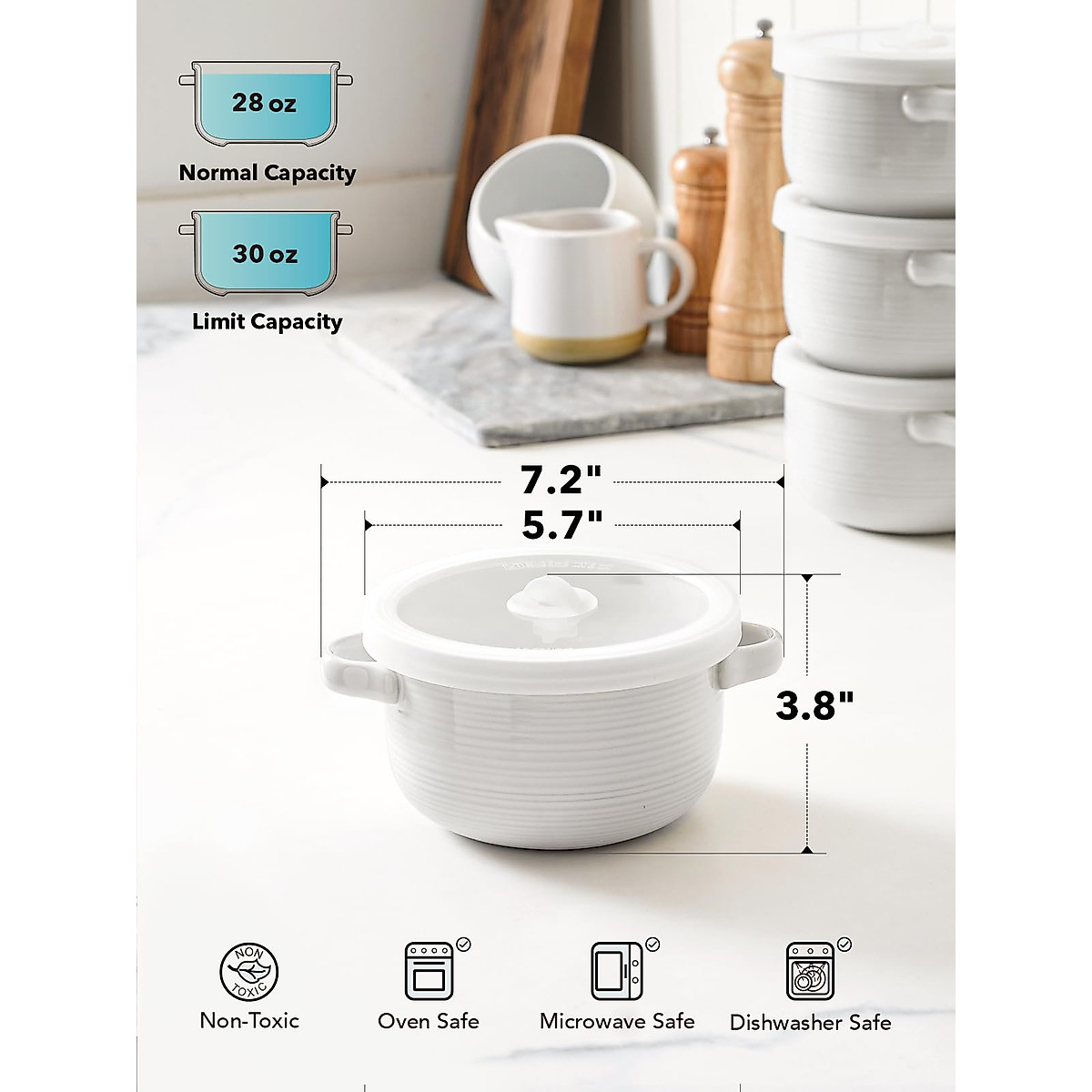 LE TAUCI Soup Bowls with Handles and Silicone Lids, 28 oz Ceramic French Onion Soup Bowls, Oven & Microwave Safe Ramen Cooker for Cereal, Chilli and Stew Beef, Non-Toxic Soup Crocks, Set of 4, White