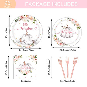 96PCS Pumpkin Baby Shower Party Tableware Set Floral Pink and Gold Girl Little Pumpkin baby Shower Party Supplies Disposable Dinnerware Plates Napkins Forks Serves 24 Guests