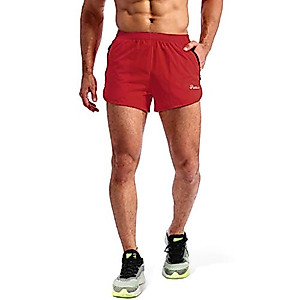 Pudolla Men’s Running Shorts 3 Inch Quick Dry Gym Athletic Workout Shorts for Men with Zipper Pockets(Dark Red X-Large)