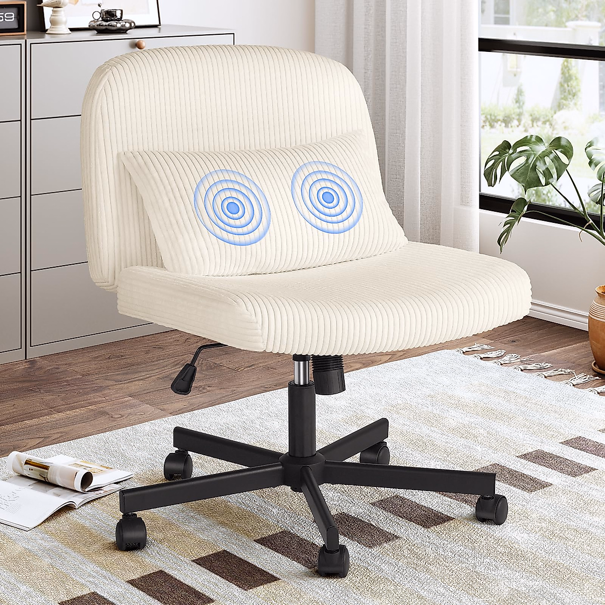 Criss Cross Chair with Wheels, Corduroy Massage Cross Legged Office Chair with Double Layer Sponge Cushion, Armless Wide Seat Swivel Vanity Chair, Height Adjustable Desk Chairs for Home Office, Beige