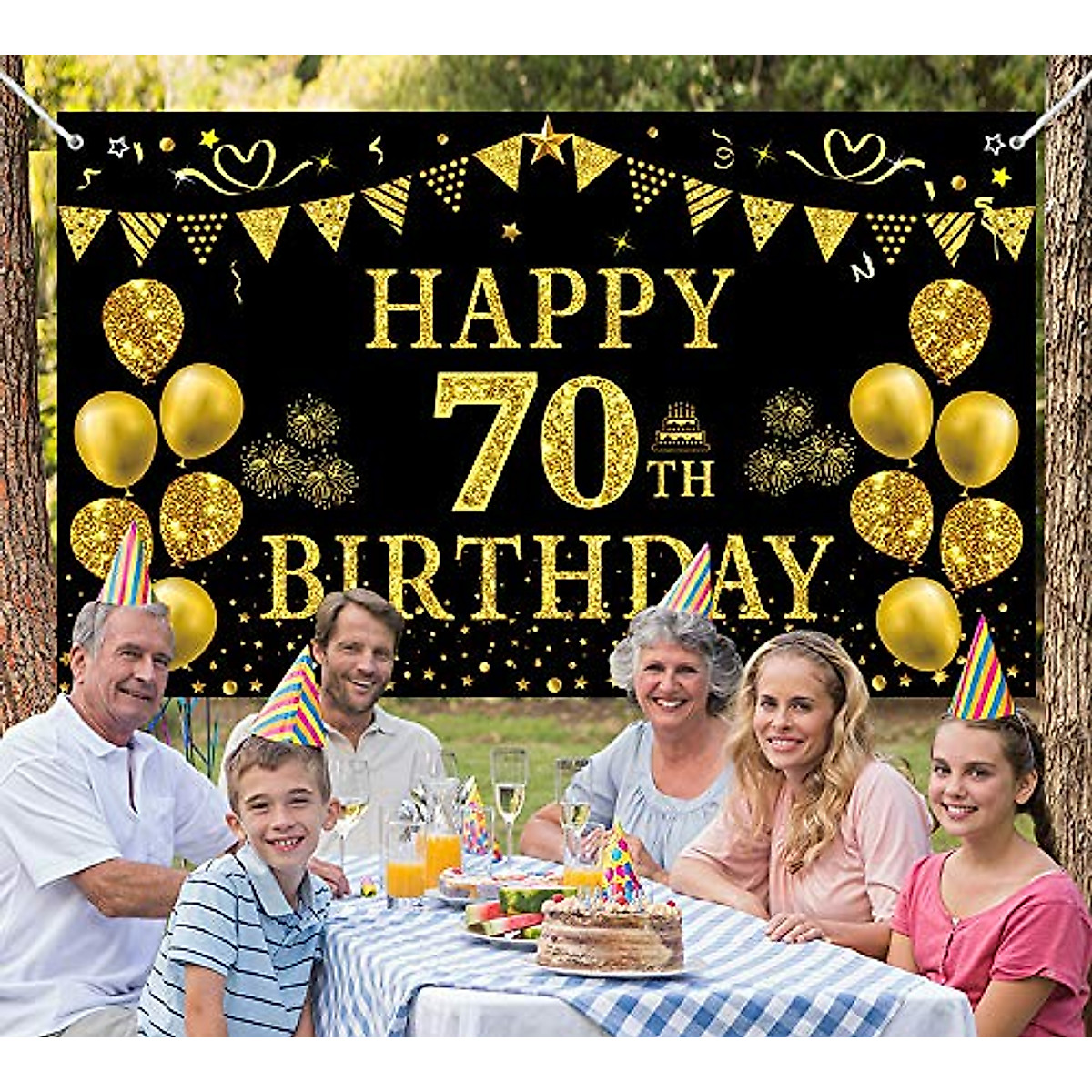 Trgowaul 70th Birthday Backdrop Gold and Black 5.9 X 3.6 Fts Happy Birthday Party Decorations Banner for Women Men Photography Supplies Background Happy Birthday Decoration