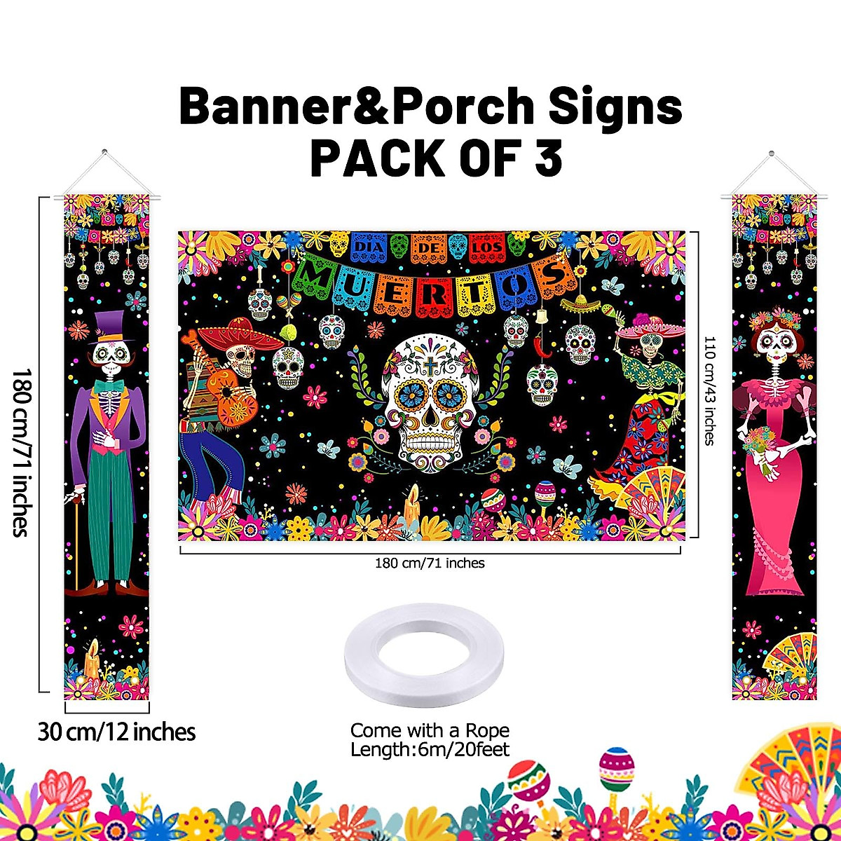 Avezano Day of The Dead Decorations Dia de Los Muertos Banner&Porch Signs Kit for Mexican Dia de Los Muertos Party Decor Day of Dead Hanging Banner Indoor Outdoor Supplies