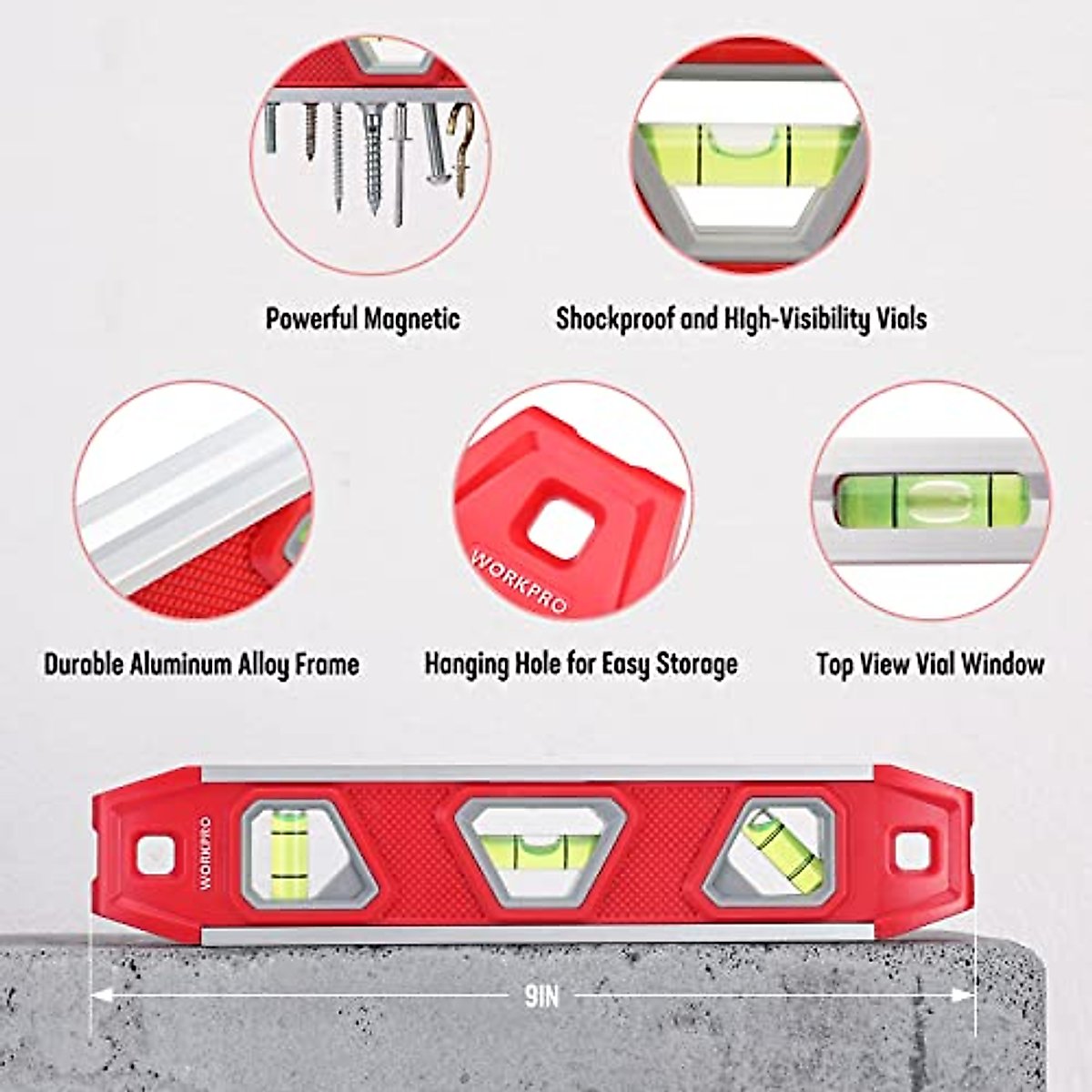 WORKPRO 9-Inch Torpedo Level Magnetic, Small Leveler Tool with 3 Different Bubbles 45°/90°/180° and Overhead Viewing Window, Shock Resistant Bubble Level V-Groove for Measuring plumbing, wood, etc.