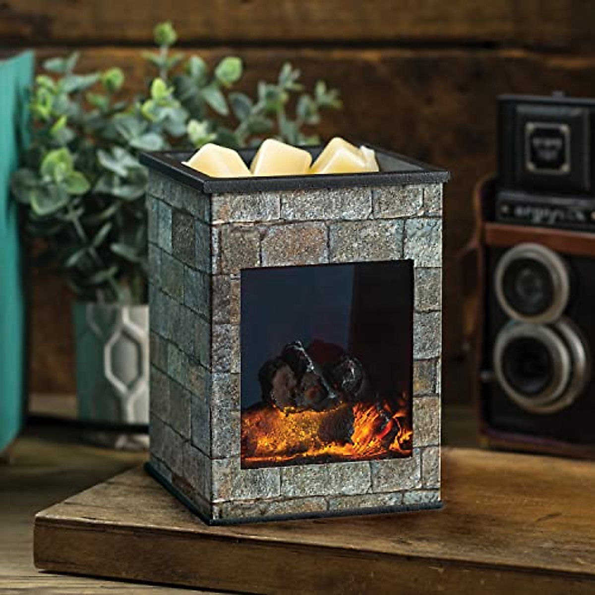 CANDLE WARMERS ETC. Fireplace Illumination Fragrance Warmer- Light-Up Warmer for Warming Scented Candle Wax Melts and Tarts to Freshen Room, Grey Hearthstone
