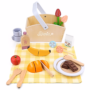 Pillowhale Wooden Picnic Basket Playset Toy,Pretend Play Food Sharing Playset with Cutting Fruits, Kids Imagination Play for Girls Boys Toddlers 3 Years Old and Up