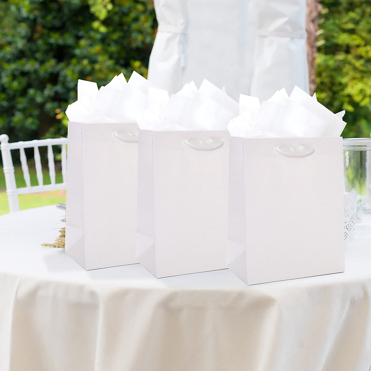 PAPER FAIR 12Pcs Embossed Crystal White Glitter Gift Bags with 24 Tissue Paper Bulk, M 9x7 Inch, Christmas Valentines Day Gift Wrap Bag, Wedding Bridal Shower Favor Bag Gift Packaging, Holiday