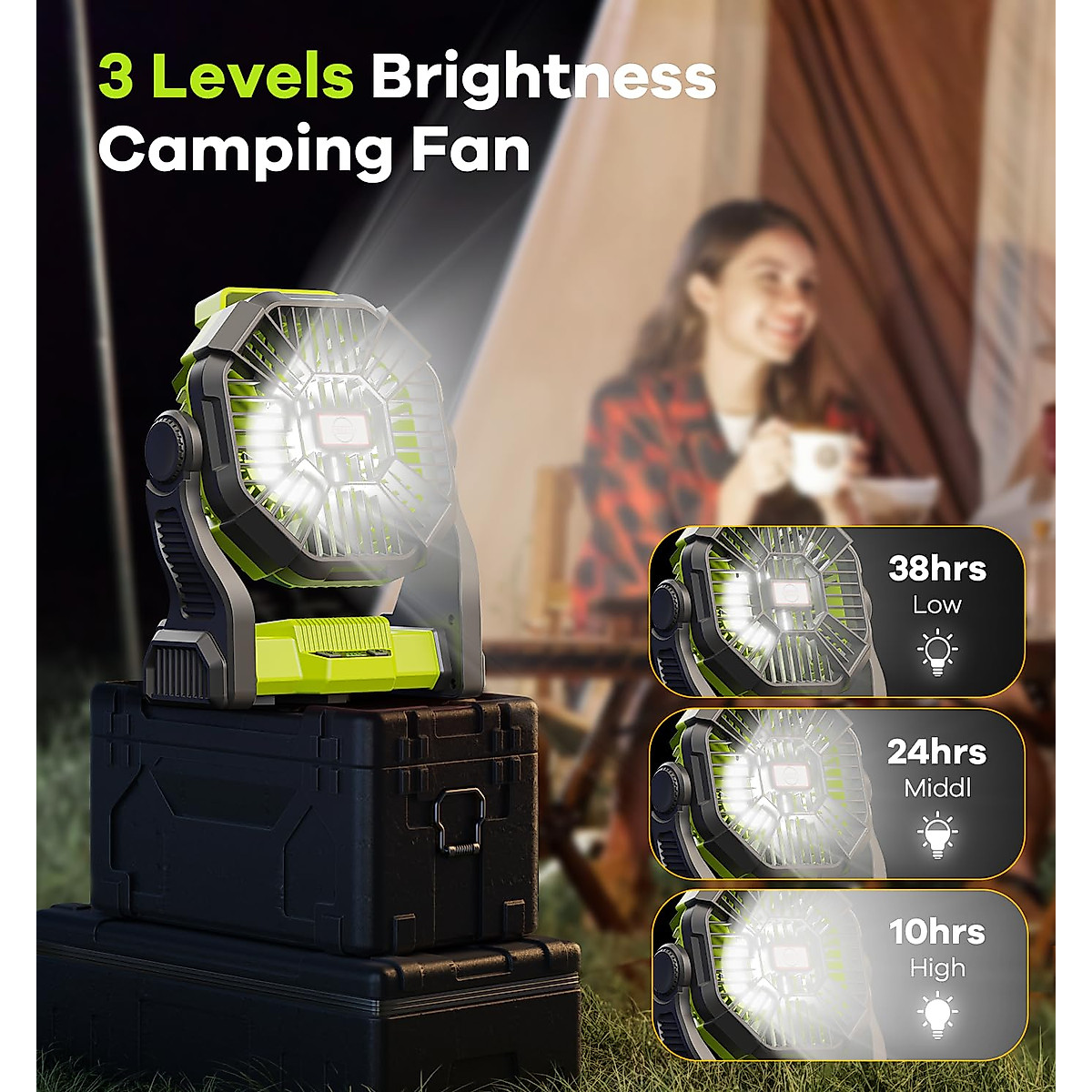 DOWILLDO Camping Fan with LED Lantern, 10400mah Portable Battery Operated Outdoor Fan, Personal Rechargeable Fan for Travel, Hiking, Fishing, Picnic (Green)