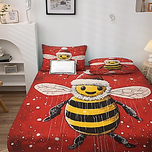 Full Size Sheet Sets - Christmas Bee Bed Sheets, Cartoon Honey Bee Bedding Sheets & Pillowcases, Soft Microfiber & Deep Pocket & Wrinkle Free Sheet Set, 1 Fitted Sheet, 1 Flat Sheet, 2 Pillow Cases