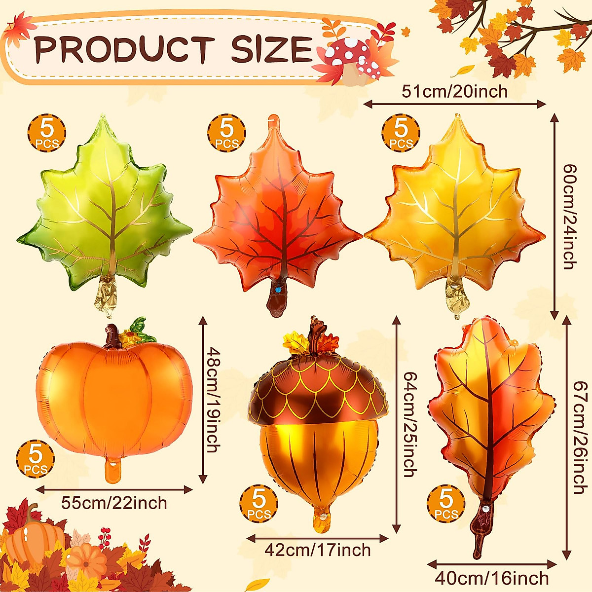 FEBSNOW 30Pcs Fall Balloons Thanksgiving Foil Balloons Large Pumpkin Maple Leaf Pine Mylar Balloons Garland for Autumn Thanksgiving Baby Shower Birthday Party Decorations