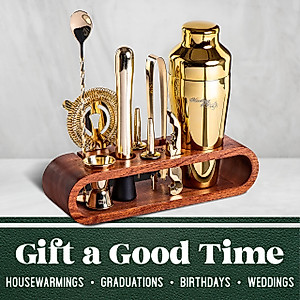 Mixology Bartender Kit: 10-Piece Bar Tool Set with Mahogany Stand | Perfect Home Bartending Kit and Martini Cocktail Shaker Set For a Perfect Drink Mixing Experience | Fun Housewarming Gift (Gold)