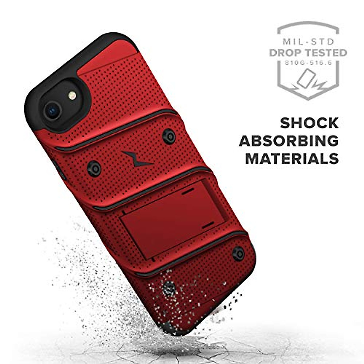 ZIZO Bolt Series for iPhone SE (3rd and 2nd gen)/8/7 Case with Screen Protector Kickstand Holster Lanyard - Red & Black