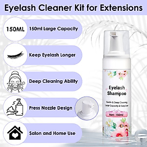 150ml/ 5.07 fl. oz Eyelash Extension Cleanser with Eyelash Fan Dryer, Lash Shampoo for Extension with Makeup Remover Pad Cleaning Brush, Paraben Sulfate Free Eyelash Shampoo for Salon Home Use