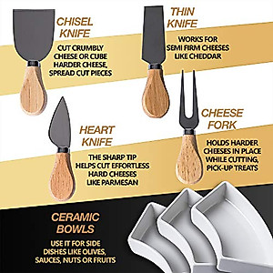 Premium Bamboo Cheese Board and Knife Set - Charcuterie Board Set w Accessories – Meat and Cheese Board, Serving Platter with 3 Bowls - Housewarming Gift for Women - Anniversary Wedding Gifts