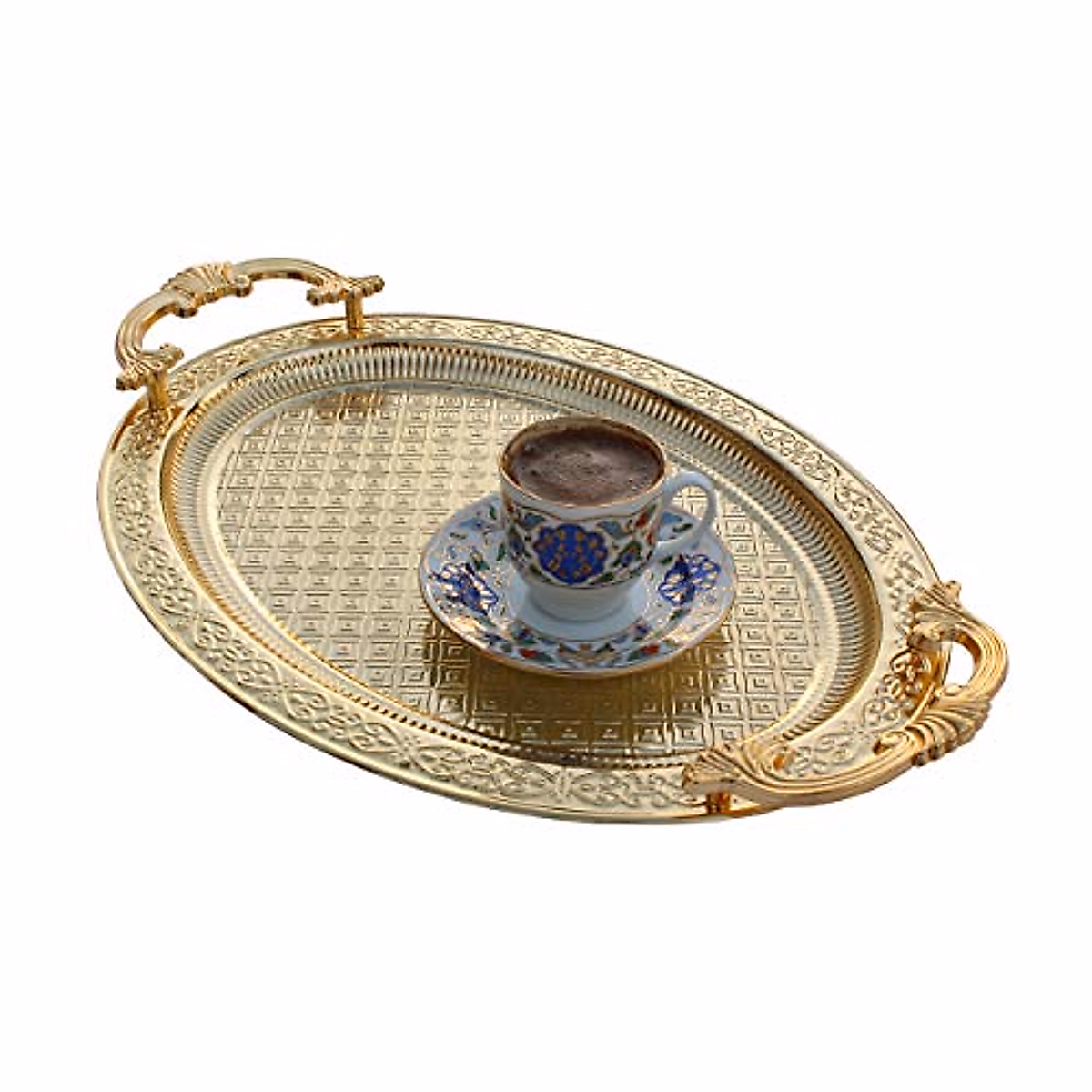 BAYKUL Turkish Ottoman Coffee Tea Beverage Gold Serving Oval Tray, Luxury Metal Chrom Moroccan Decorative Breakfast Dinner Table, Ottoman Trays Extra Large (Gold)