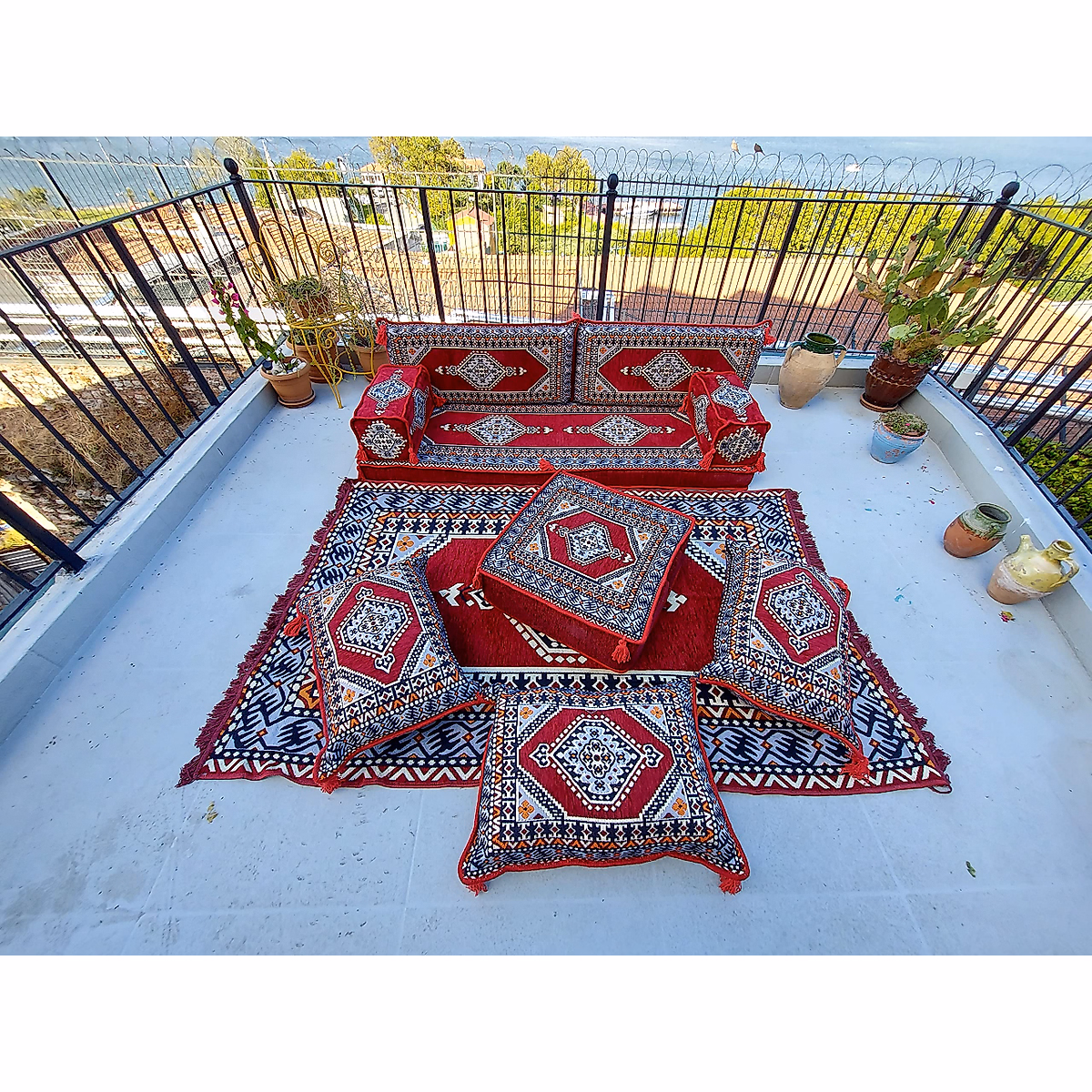 Maroon Arabic Floor Sofa Seating Set, Floor Cushions, Traditional Floor Couches, Ottoman Couch, Loveseats, Arabic Majlis, Sectional Sofa (Sofa Full Set)