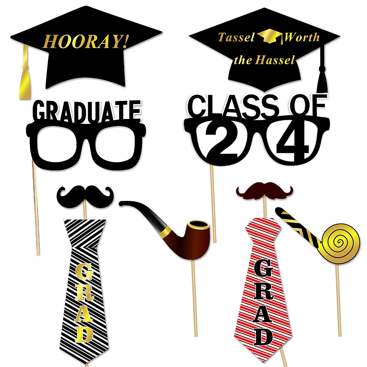 Graduation Photo Booth Props (50Count), Konsait Large Graduation Photo Props Class of 2024 Grad Decor with Sticks for Kids Boy Girl, Black and Gold, for Graduation Party Favors Supplies Decorations