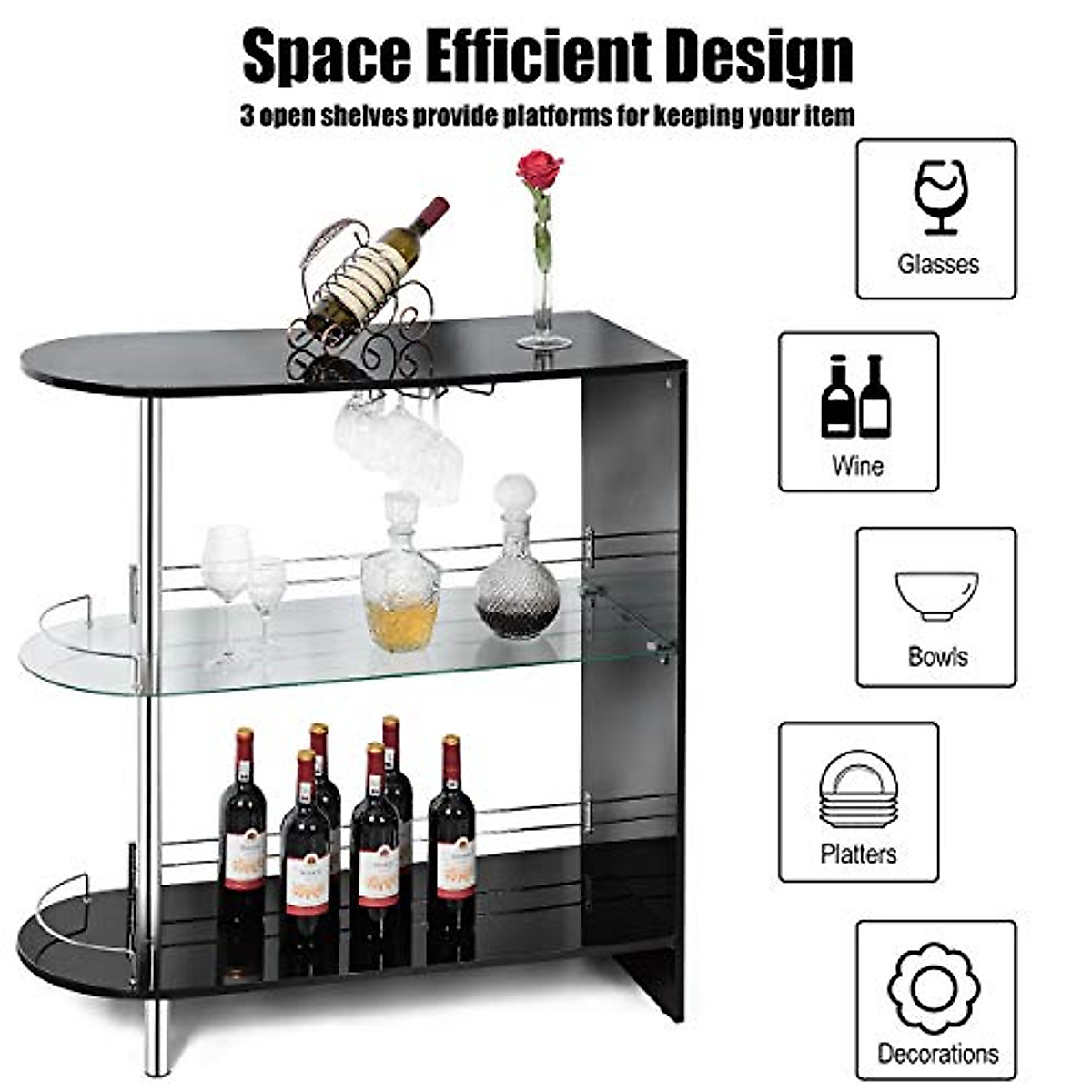 COSTWAY Bar Cabinets Table with 2-Holder, Modern Liquor Display Bar Cabinet with Tempered Glass Shelves, Wine Storage with Wine Glass Holders Ideal for Home/Kitchen/Bar/Pub, Black