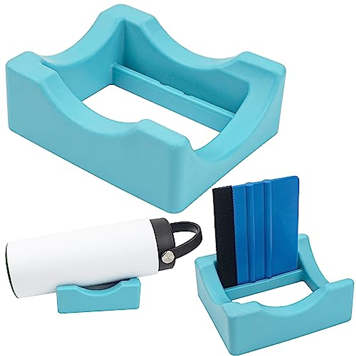 Omoojee Silicone Cup Cradle for Tumblers with Felt Edge Squeegee, Sublimation Tools for Crafts, for Applying Vinyl Decals Anti-Skidding Holders (Blue)