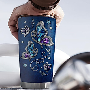 Wassmin Butterfly Tumbler Butterflies Gift For Women Girls Teen Jewelry Drawing Style Stainless Steel Insulated Tumblers 20oz Coffee Travel Mug Cup With Lid Birthday Christmas Presents