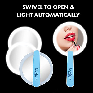 Lumee Lighted Makeup Mirror - LED Light Round Mirror with Rechargeable Battery, Folding Handle - Compact Portable Hand Mirror for Party Travel Office - Iridescent (Included USB A to Micro USB Cable)