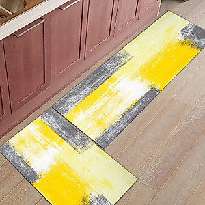 Kitchen Rugs and Mats Non-Slip Cushioned Anti-Fatigue Kitchen Rug with Runner Set of 2, Yellow Gray Modern Abstract Art Painting Graffiti Design Kitchen Mats for Floor 15.7x23.6inch+15.7x47.2inch
