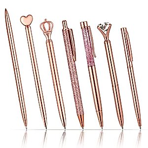 7pcs Rose Gold Ballpoint Pen Set, Metal Rose Gold Glitter Pens Bling Bling Pens Black Ink Dynamic Liquid Pen Gifts for Christmas Birthday Wedding Office Supplies