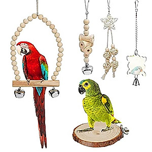 TOLMIOW 9 Pieces Parrots Chewing Natural Wood and Rope Bungee Bird Toy for Anchovies, Coconut Hideaway with Ladder ,Bird Perch Stand, Bird Cage Accessories, Parakeets, Cockatiel, Conure, Mynah, Macow