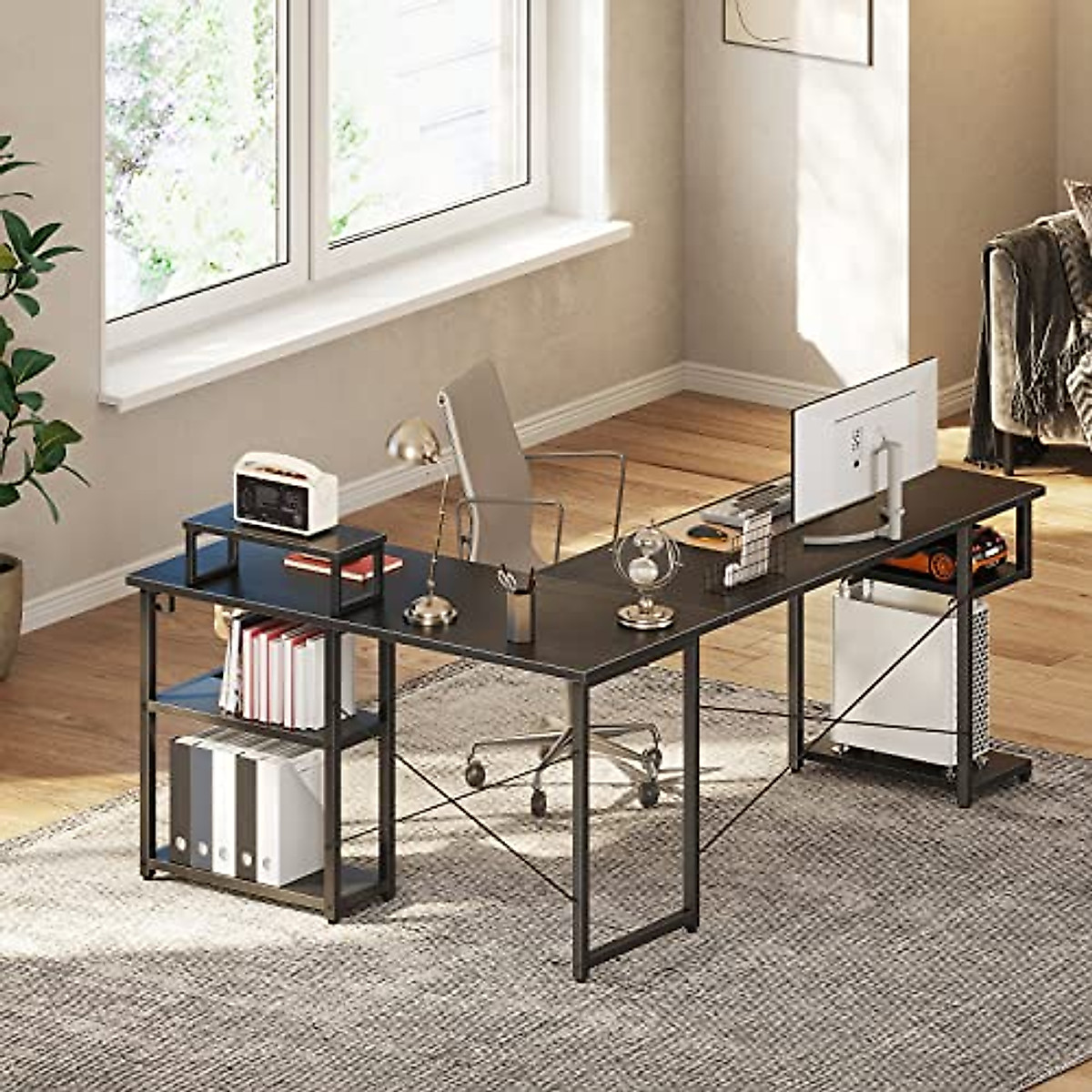 ODK 66" L Shaped Desk Computer Desk with Storage Shelves & PC Stand, Gaming Desk with Monitor Stand, Home Office Writing Desk, Modern Larger Wooden Desk, Black