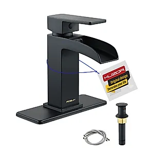 KUZOR Bathroom Faucets Single Hole Black Matte, Waterfall Matt Black Bathroom Sink Faucet One Hole with Metal Pop Up Drain, Solid Brass Square Faucet for Bathroom Vanity