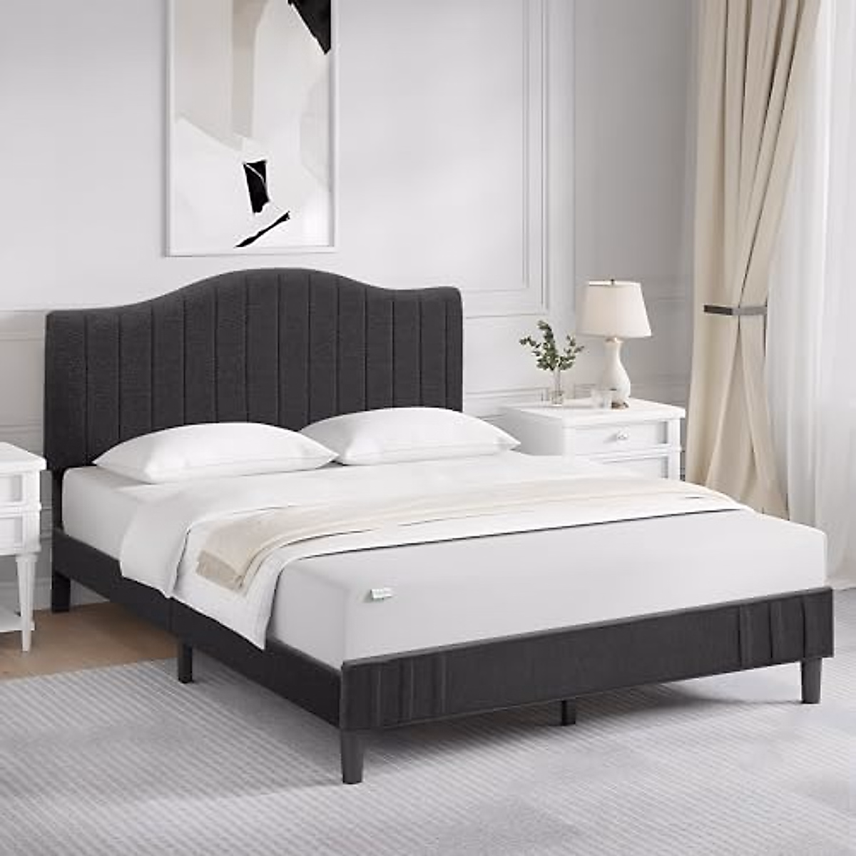 VECELO Queen Size Bed Frame Upholstered Platform Beds with Height Adjustable Teddy Fabric Headboard, Strong Wood Slats, 7.9'' Under Bed Space, Noise-Free, No Box Spring Needed, Black