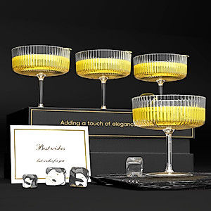 Ribbed Coupe Glasses Set of 4, Hand Blown 10 oz Vintage Cocktail Glasses, Vintage Art Deco Martini Glasses Set with Present Box for Espresso Martini, Champagne, Cosmopolitan, Manhattan, Cocktail Party