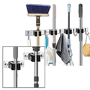 Favbal Mop Broom Holder Stainless Steel Wall Mounted Garage Organization and Storage Utility Hooks Broom Mop Holder Wall Mount Metal Tool Organizer