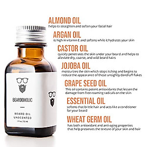 Beardoholic Beard Oil – 7 All-Natural Ingredients – Faster and Thicker Beard Growth – Eliminates Itch and Dandruff Instantly – Unscented Beard Growth Oil - 30 ml Leave-in Conditioner and Softener