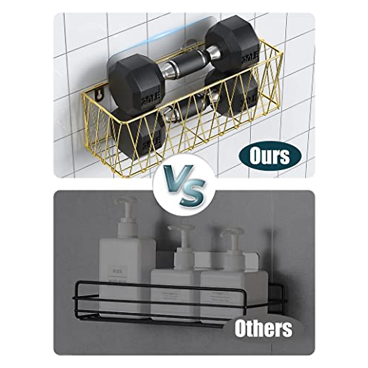 Iperlife Adhesive Shower Caddy Basket Shelf, Bathroom Shampoo Organizer Shelves, Kitchen Storage Rack, No Drilling Wall Mounted Rustproof Shower Shelf for Inside Shower - 2 Pack (Gold)