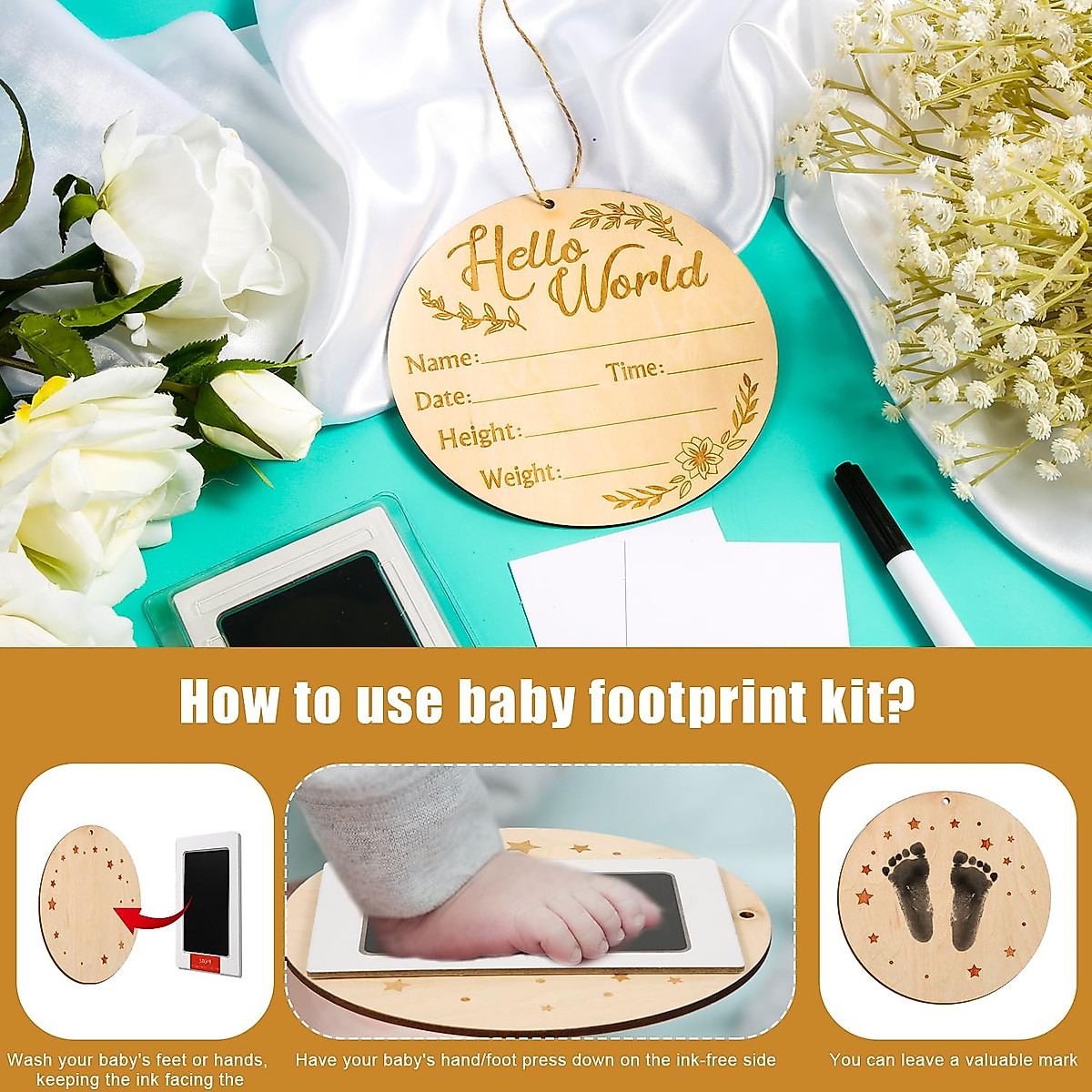 Baby Announcement Sign, 5.9 Inch Double Side Wooden Hello World Newborn Sign Baby Birth Announcement Sign Round Name Plaque with Ink Pad for Hospital Baby Nursery Photo Props