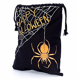 Halloween Trick or Treat Candy Bag | Washable Canvas Tote Bag | Drawstring Bag for Halloween Candy | Spider