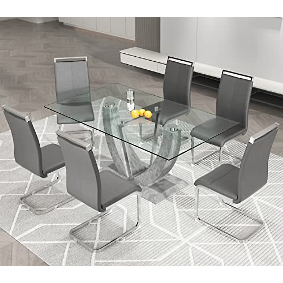 67" Rectangular Glass Dining Table Set for 6, Modern Rectangle Dining Table & Chair Sets for Kitchen Room, 67 inch Tempered Glass Table Top and PU Leather Dining Chairs with Silver Plating Legs, Grey