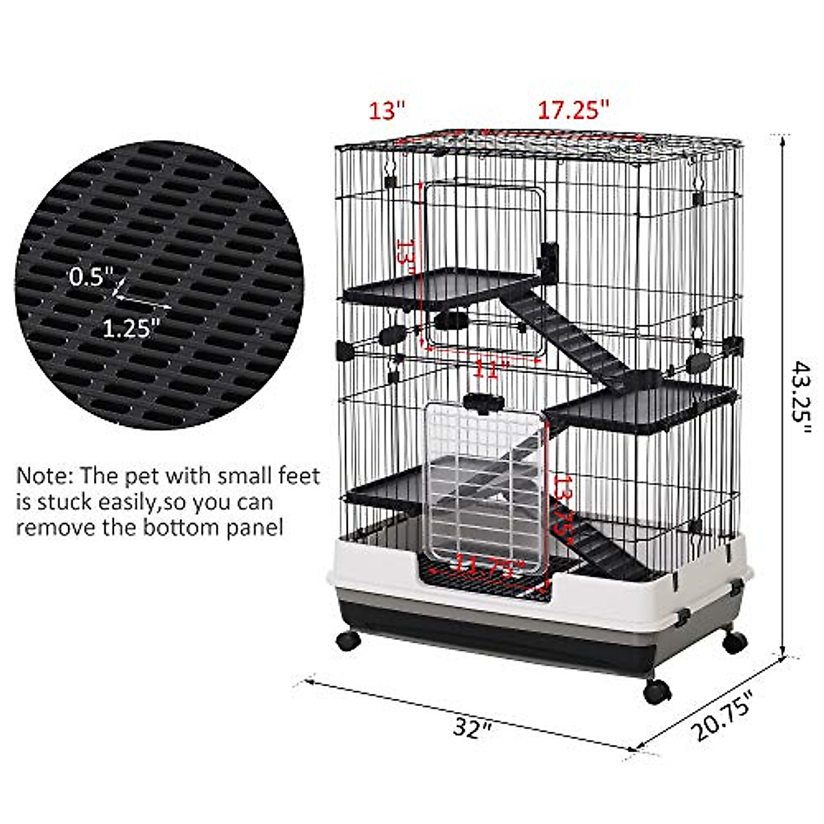 PawHut 43" H Small Animal Cage, 4-Level Bunny Cage with Rolling Stand, Chinchilla Cage with Doors, Slide-Out Tray, Black