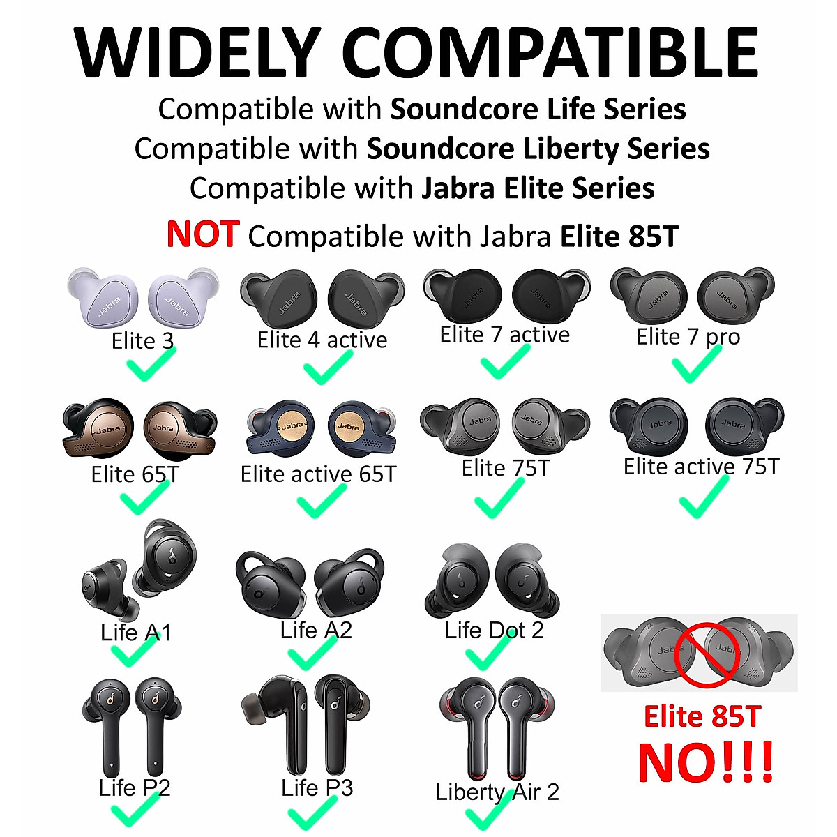 A-Focus [12 Pairs] Compatible with Anker Soundcore Life & Liberty Series Ear Tips, L/M/S Inner Hole 4mm Replacement Silicone Earbuds Gel Compatible with Jabra Elite 3/7 / 65T / 75T, 512 Gray