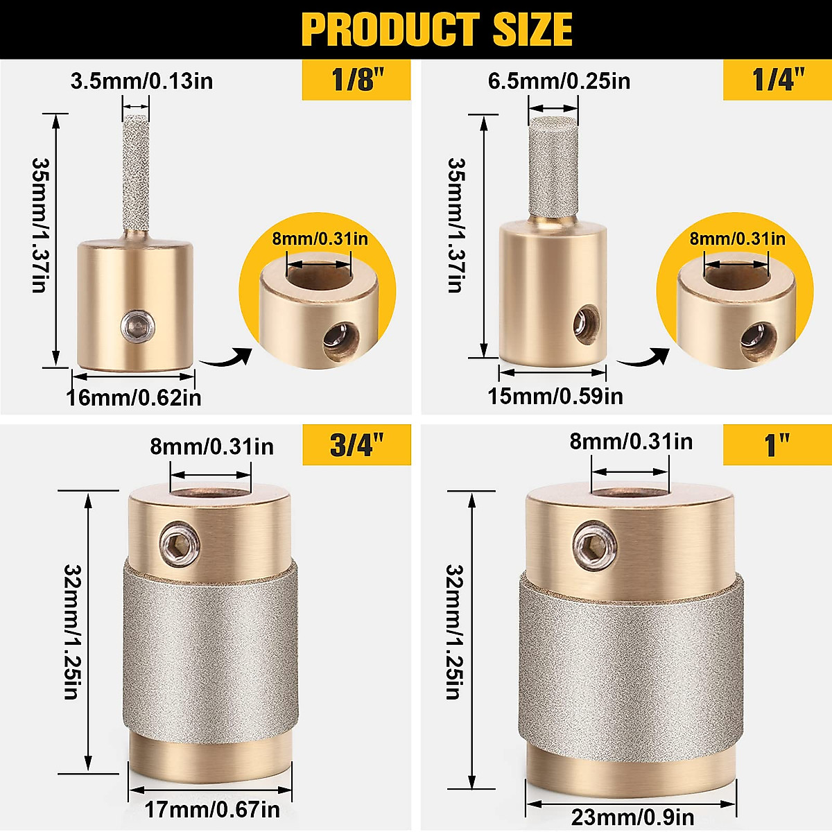 1 3/4 1/4 1/8 Inch Stained Glass Diamond Grinder Bit Head Tools 4 Sizes Brass Core Stained Glass Grinder Bits & Diamond Grinder Bit Head Tools, Stain Glass Tools and Supplies for Stained Glass