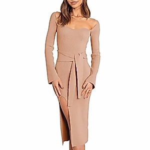 ANRABESS Womens 2023 Fall Fashion Trendy Long Sleeve Bodycon Sweater Dress Sweetheart Neck Slim Fit Tie Waist Cute Ribbid Knitted Midi Dresses with Slit 612hongxing-S
