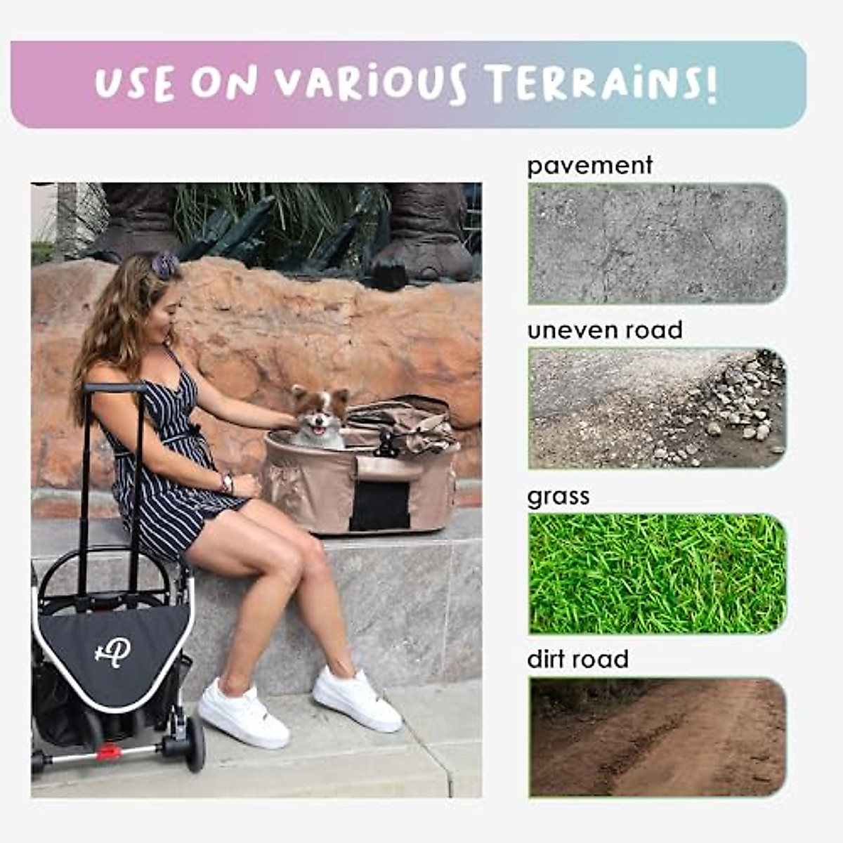 Petique 3-in-1 Newport Pet Stroller (Travel Carrier + Car Seat + Stroller), Easy Trifold/Unfold, 360º Front Rotating Wheel, Small/Medium Dogs, Cats and Pets, Supports up to 45LBS – Champagne (Beige)