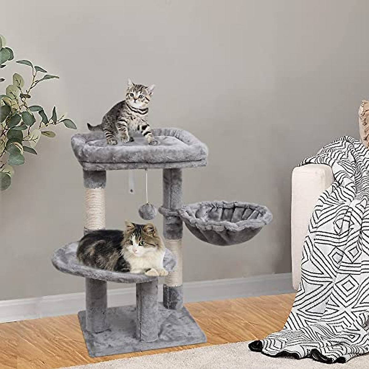 SYANDLVY Small Cat Tree for Indoor Cats, Modern Cat Tower with Scratching Post for Kittens, Climbing Stand with Basket & Hanging Ball for Play Rest