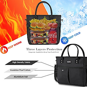 UYLIA Lunch Bags for Women,Insulated Lunch Tote Bag with Adjustable Shoulder Strap, Lunch Box with Drinks Holder for Adults Men Work Picnic Beach Workout (Black, Large)