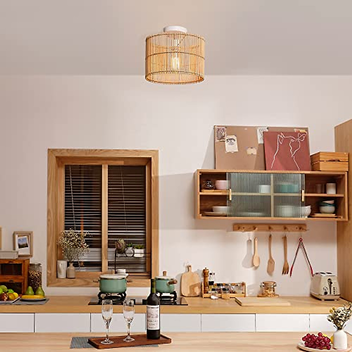 Globe Electric 65901 1-Light Flush Mount Ceiling Light, Matte White, Natural Bamboo Shade, Bulb Not Included