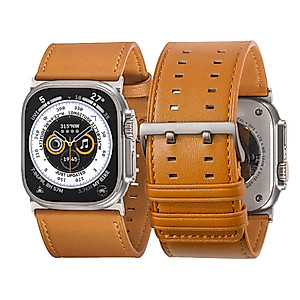 Tefeca Dual Series Band Compatible with Apple Watch Ultra 2/Ultra 49mm, Series 10 46mm, Series 9/8/7 45mm, SE2/SE/6/5/4 44mm (Brown Leather with Silver Adapters, 49/46/45/44mm)