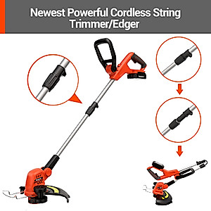 MAXLANDER 12 Inch 20V Cordless String Trimmer, 2 PCS 2.0Ah Battery Weed Wacker/Edger, 1 Quick Charger,6 PCS Replacement Spool Trimmer Lines, Length Adjustable, Powerful Lightweight Grass Trimmer
